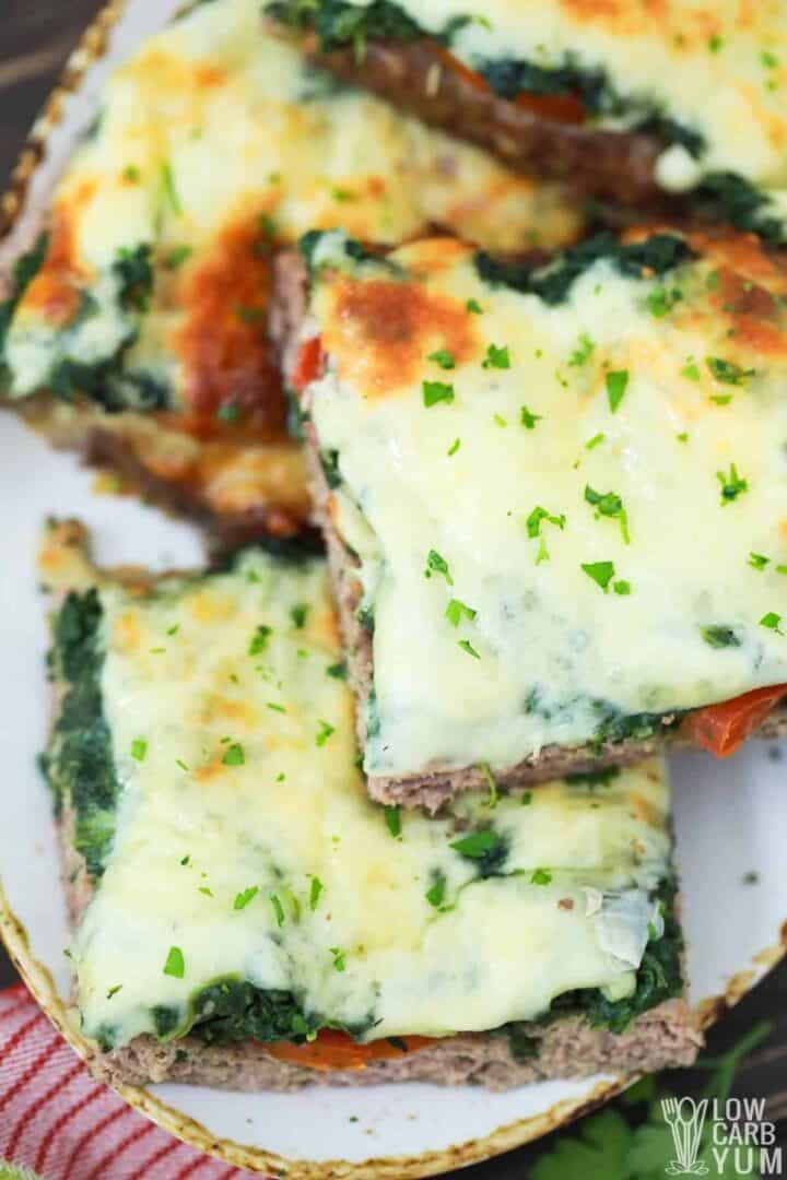Spinach Tomato Meatza Pizza - Low Carb Yum